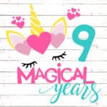 Ninth Birthday with Unicorn #1 SVG - Free SVG files | HelloSVG.com